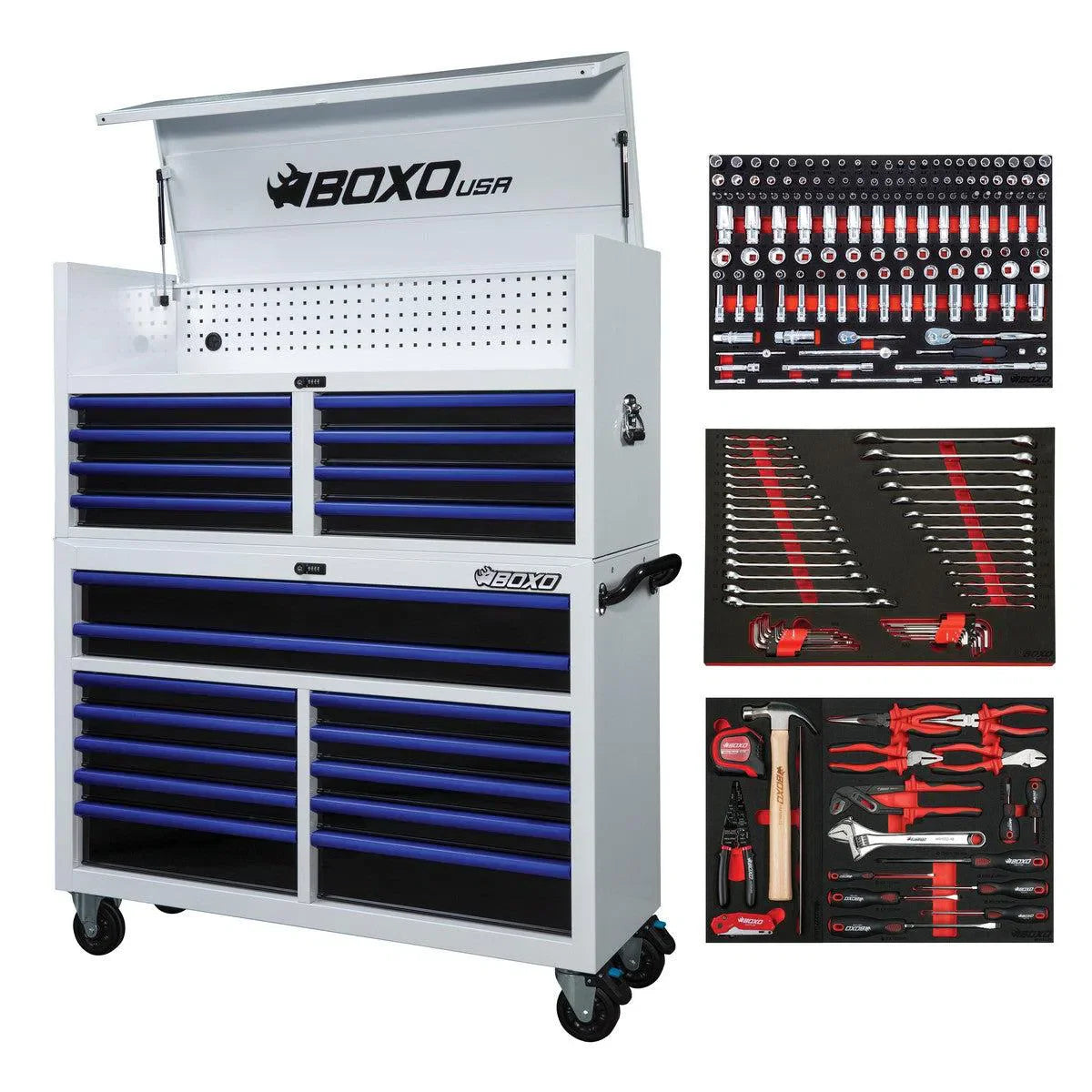 Boxo Pro Series | Loaded 53" 20-Drawer Rolling Tool Box | White and Bl ...